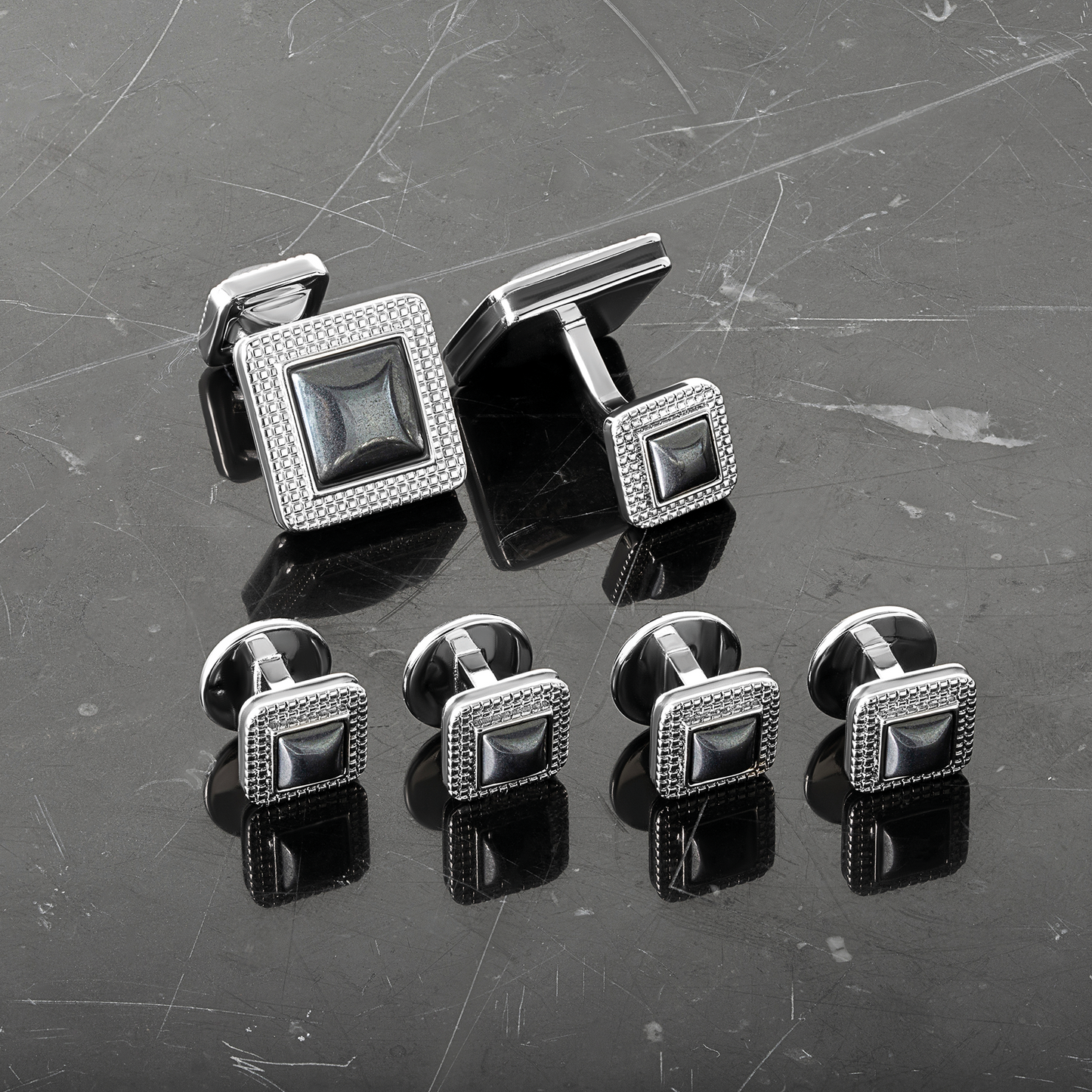 Duo Cabachon Cufflinks & Shirt Studs With Hematite – Tateossian
