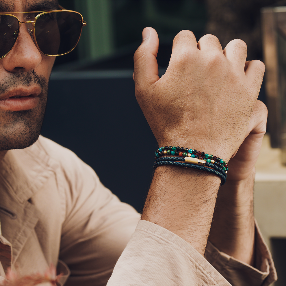 Pop Rigato Double Wrap Leather Bracelet In Navy With 18K Yellow Gold P ...