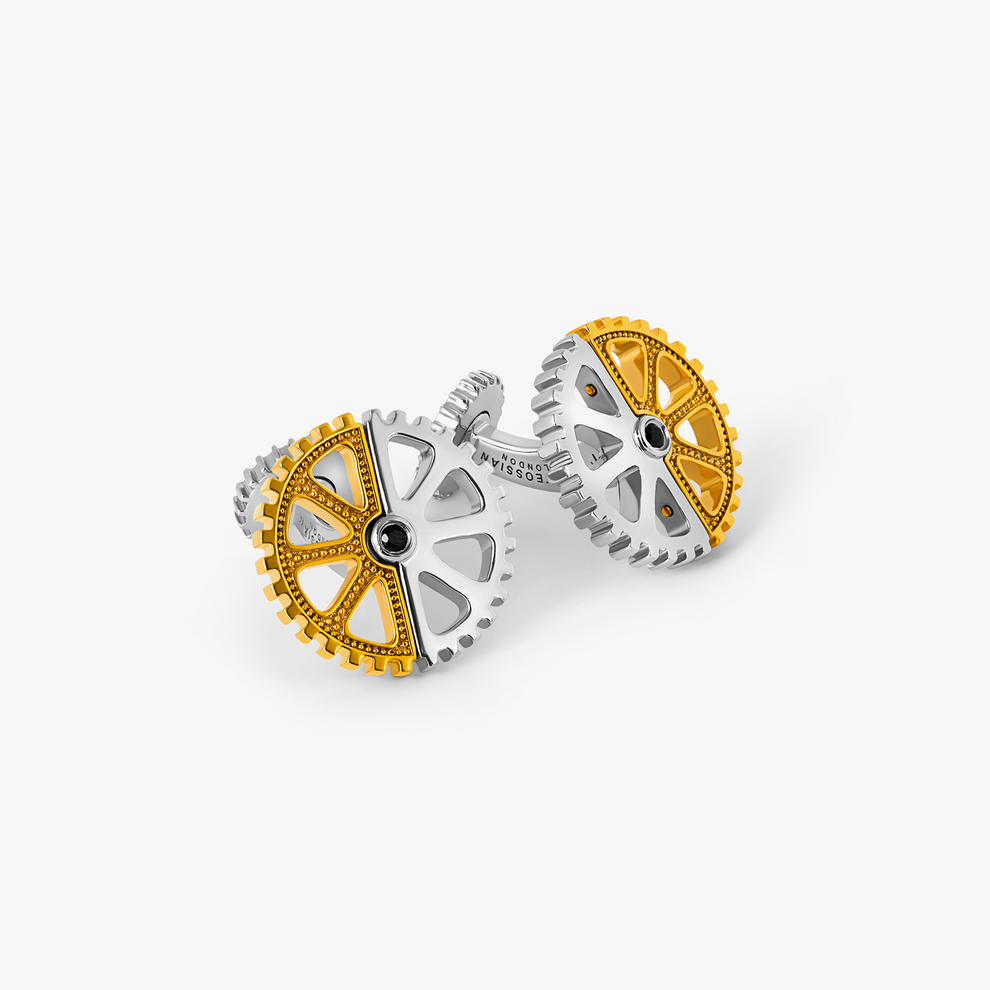 Puzzle Gear Cufflinks in Rhodium and Yellow Gold Plated with Black Spi ...