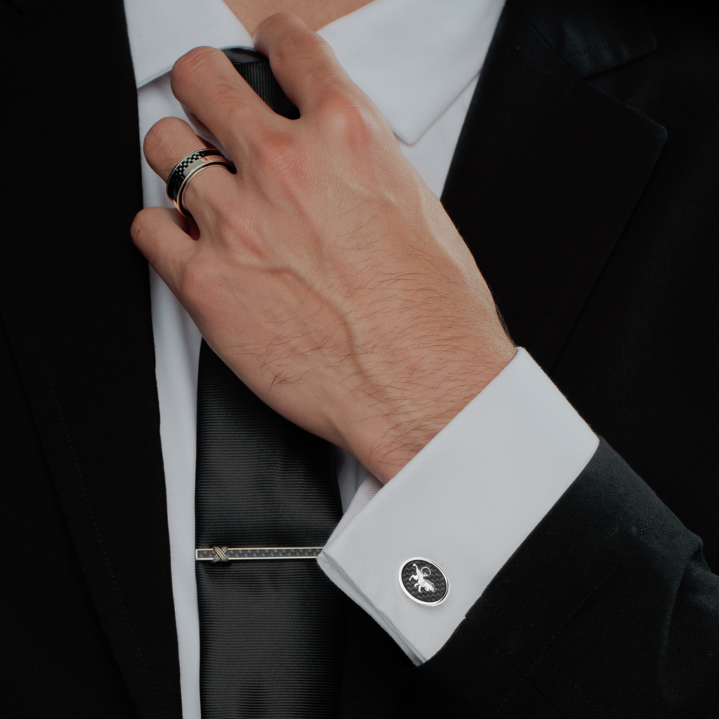 Infinity Tie Clip in Rhodium Plated with Black Carbon Fibre – Tateossian