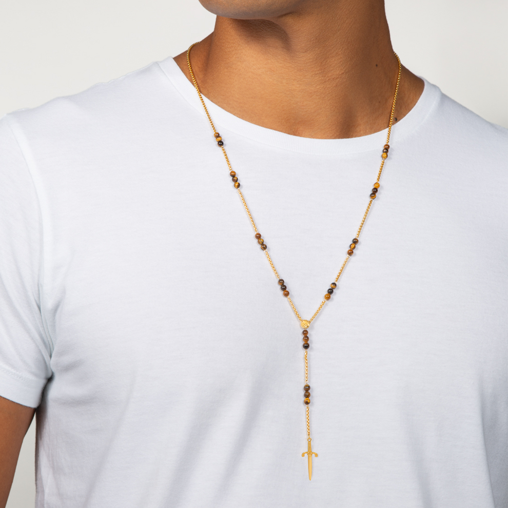 Capri Dagger Rosary Necklace In 18K Yellow Gold Plated Silver With Tig ...
